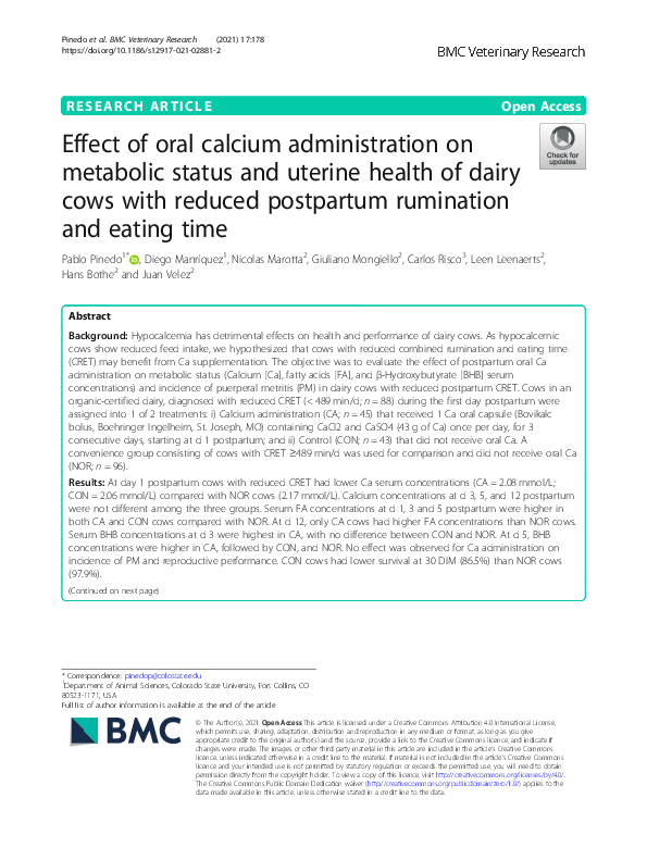 (PDF) Effect of oral calcium administration on metabolic status and ...