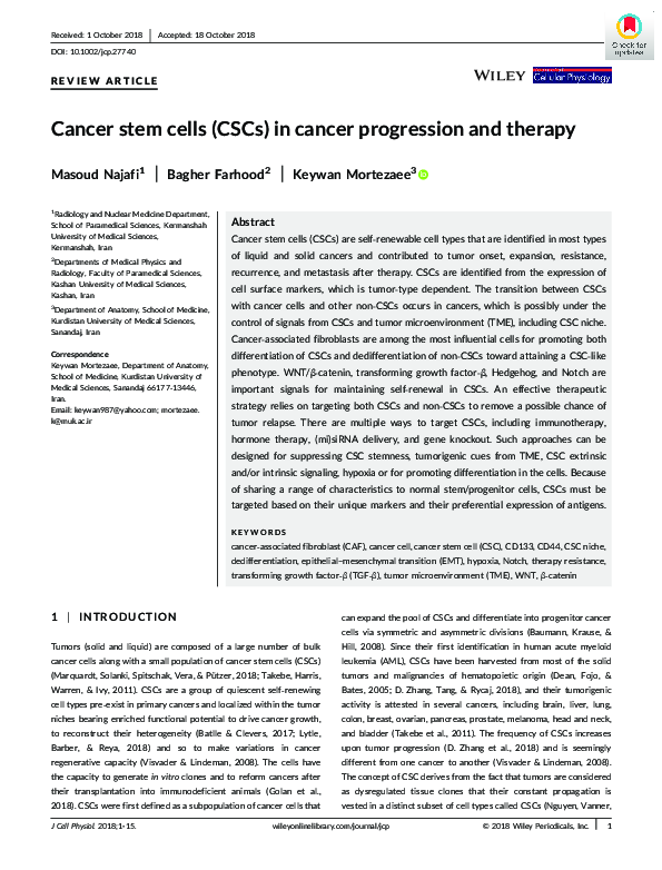 (PDF) Cancer stem cells (CSCs) in cancer progression and therapy