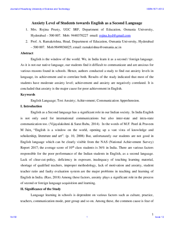 (PDF) Anxiety Level of Students towards English as a Second Language
