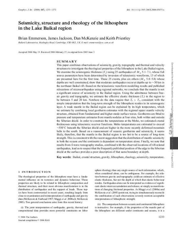 (PDF) Seismicity, structure and rheology of the lithosphere in the Lake ...