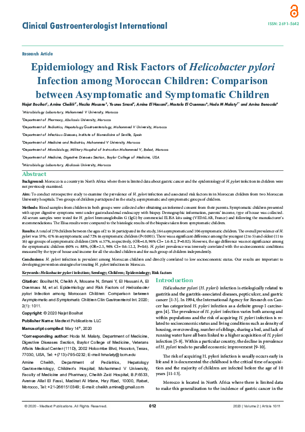(PDF) Epidemiology and Risk Factors of Helicobacter pylori Infection among Moroccan Children ...