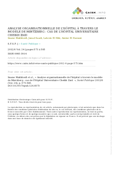 (PDF) Analyse organisationnelle de l'hôpital à travers le modèle de Mintzberg : cas de l'Hôpital ...
