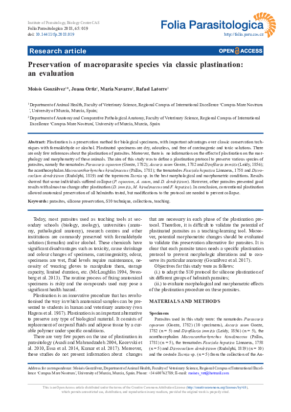 (PDF) Preservation of macroparasite species via classic plastination ...