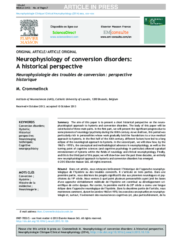 (PDF) Neurophysiology of conversion disorders: A historical perspective