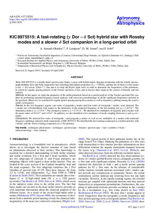 (PDF) KIC 8975515: A fast-rotating (γ Dor – δ Sct) hybrid star with ...
