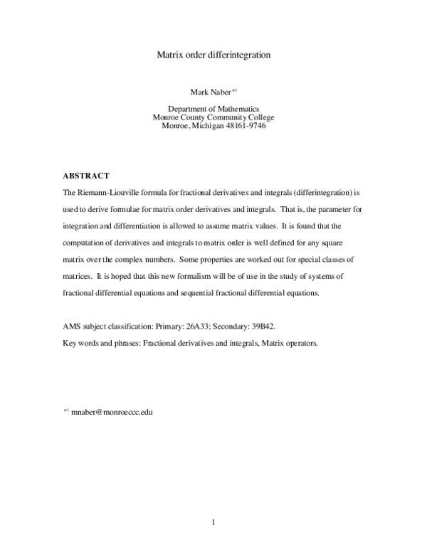 (PDF) Matrix Order Differintegration | Mark Naber - Academia.edu