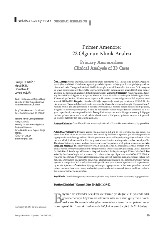 (PDF) Primer Amenore: 23 Olgunun Klinik Analizi
