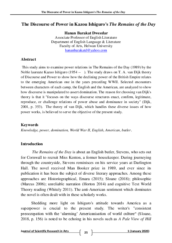 (PDF) The Discourse of Power in Kazou Ishiguro's The Remains of the Day