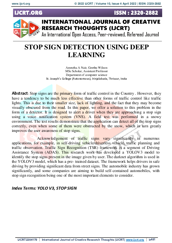 (PDF) Stop Sign Detection Using Deep Learning