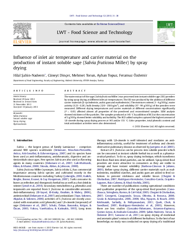 (PDF) Influence of inlet air temperature and carrier material on the ...
