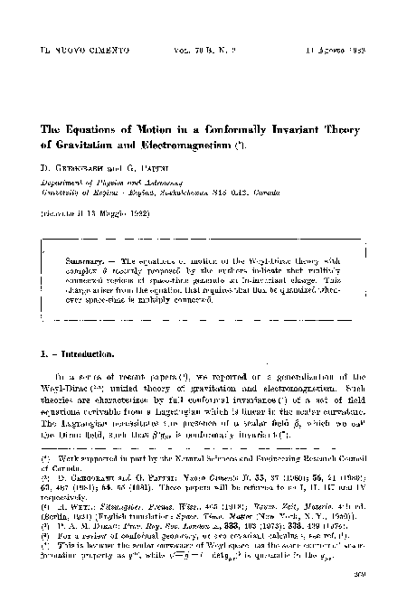 (PDF) The equations of motion in a conformally invariant theory of ...