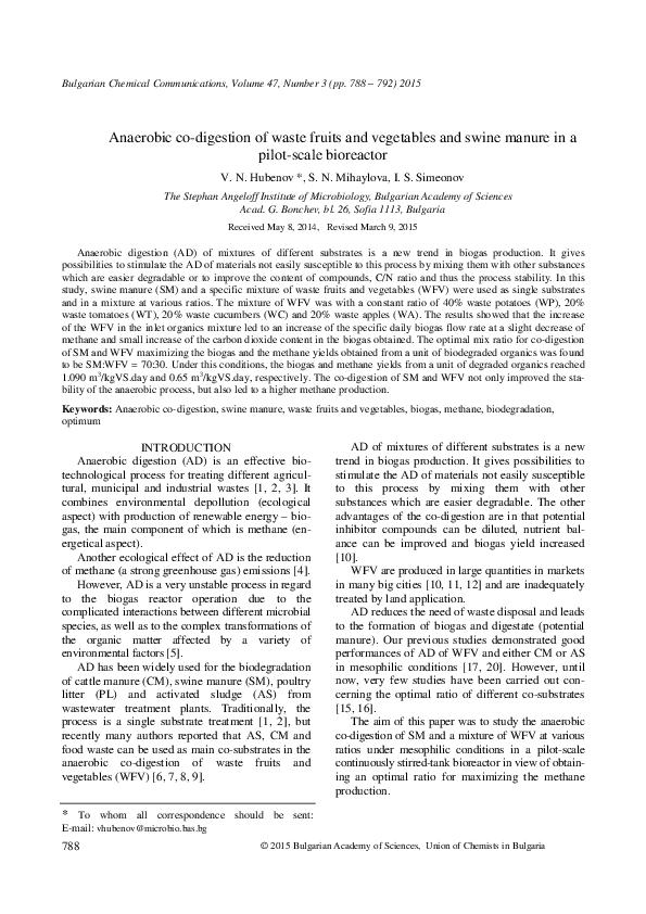 (PDF) Anaerobic co-digestion of waste fruits and vegetables and swine ...