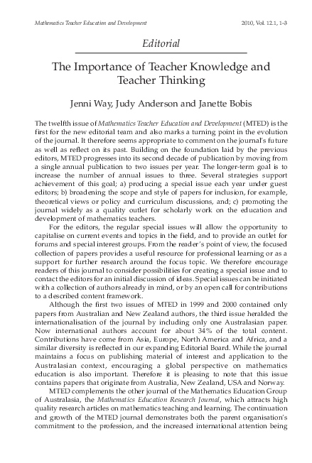 (PDF) Editorial: The Importance of Teacher Knowledge and Teacher Thinking