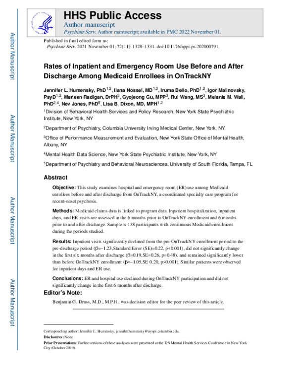 (PDF) Rates of Inpatient and Emergency Room Use Before and After ...