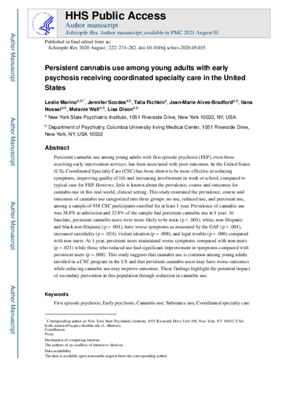 (PDF) Persistent cannabis use among young adults with early psychosis ... (PDF) Persistent cannabis use among young adults with early psychosis ...