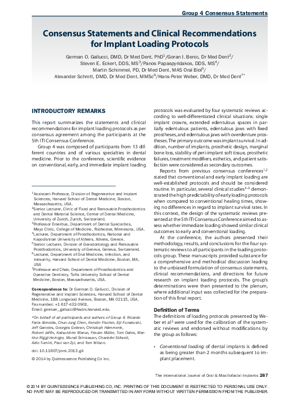 (PDF) Consensus Statements and Clinical Recommendations for Implant Loading Protocols