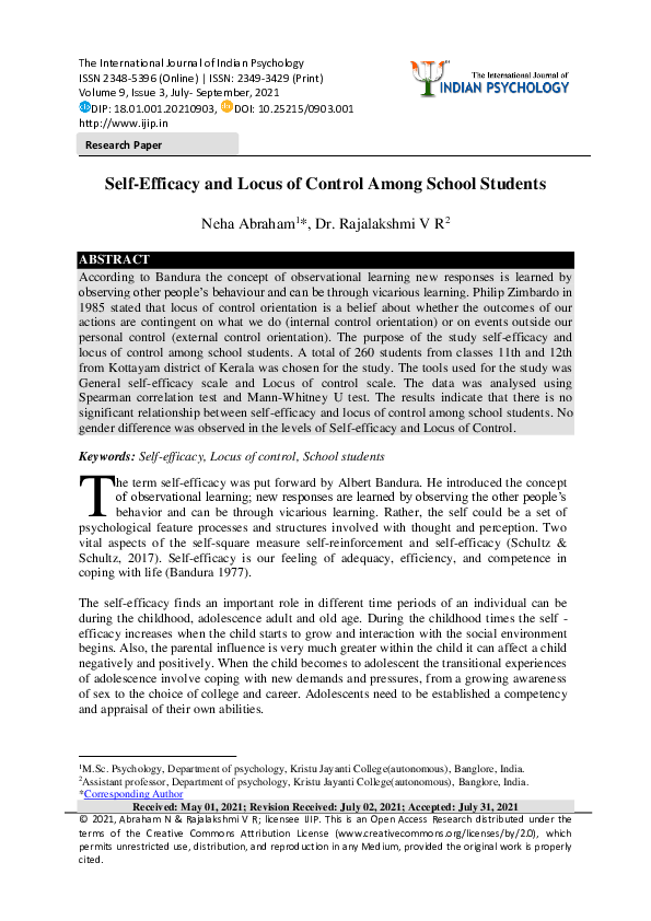 (PDF) Self-Efficacy and Locus of Control Among School Students