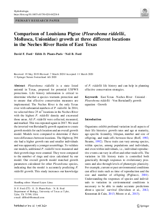 (PDF) Comparison of Louisiana Pigtoe (Pleurobema riddellii, Mollusca ...