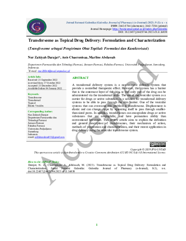 (PDF) Transfersome as Topical Drug Delivery: Formulation and ...
