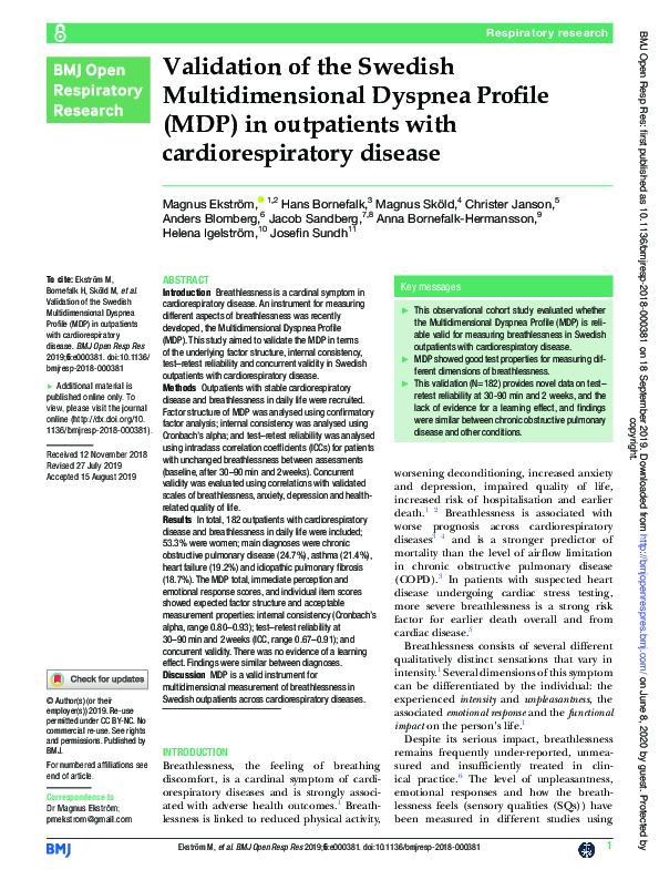 (PDF) Validation of the Swedish Multidimensional Dyspnea Profile (MDP ...