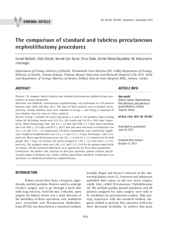 The comparison of standard and tubeless percutaneous nephrolithotomy ...
