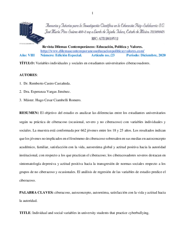 (PDF) Variables individuales y sociales en estudiantes universitarios ...