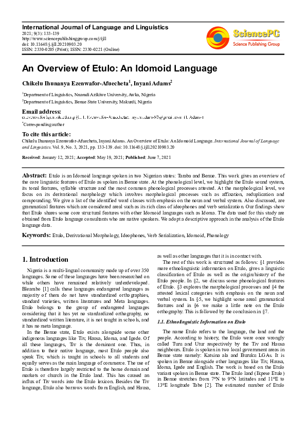 (PDF) An Overview of Etulo: An Idomoid Language