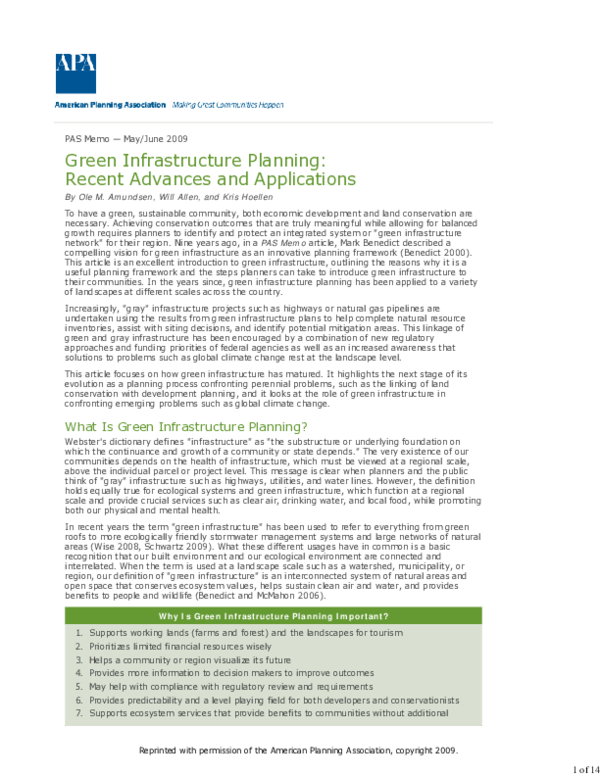 (PDF) Green Infrastructure Planning: Recent Advances and Applications