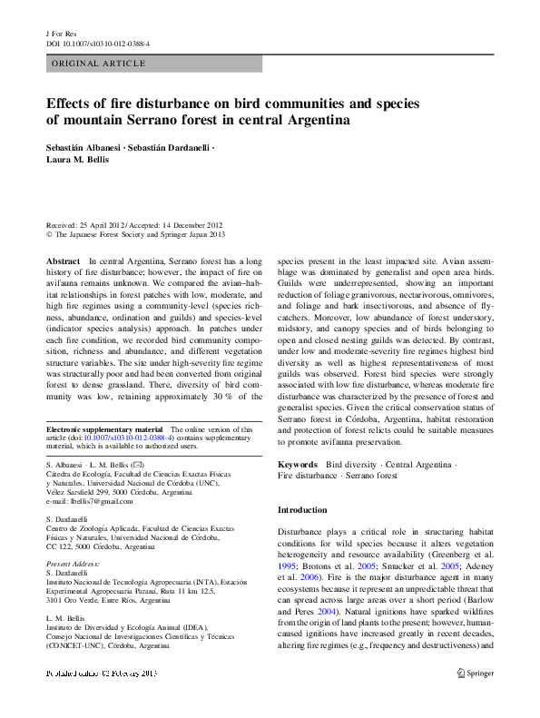 (PDF) Effects of fire disturbance on bird communities and species of ...