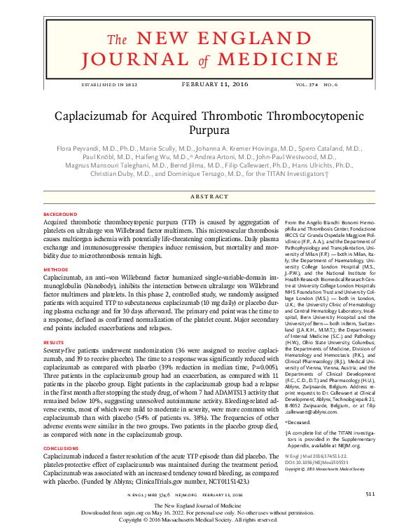 (PDF) Caplacizumab for Acquired Thrombotic Thrombocytopenic Purpura