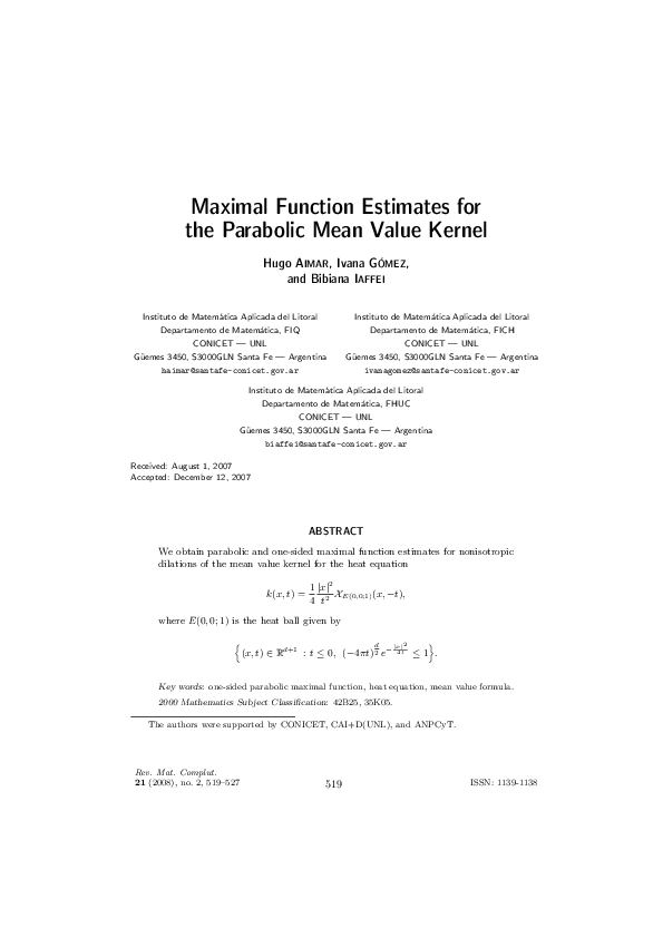 (PDF) Maximal Function Estimates for the Parabolic Mean Value Kernel