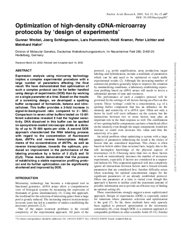 Pdf Optimization Of High Density Cdna Microarray Protocols By Design Of Experiments