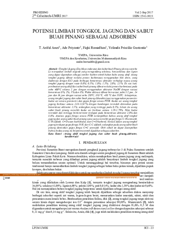 (PDF) Potensi Limbah Tongkol Jagung Dan Sabut Buah Pinang Sebagai Adsorben