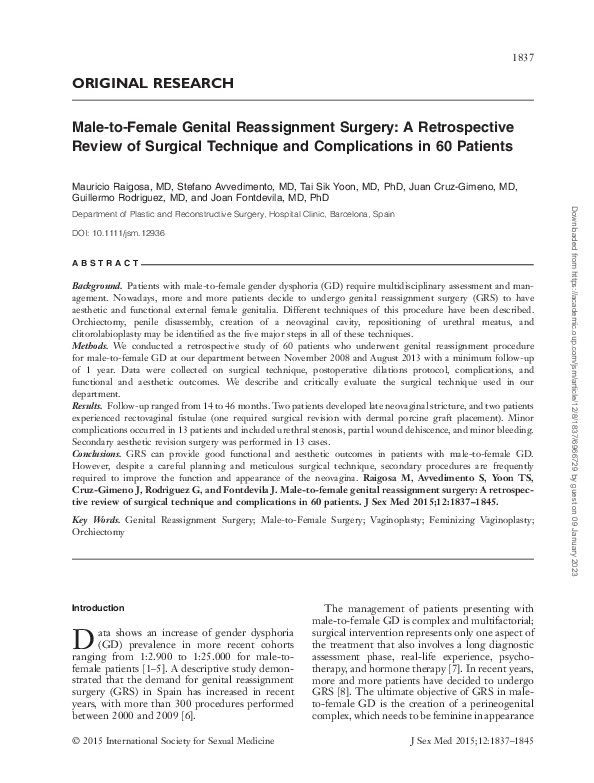 (PDF) Male-to-Female Genital Reassignment Surgery: A Retrospective ...