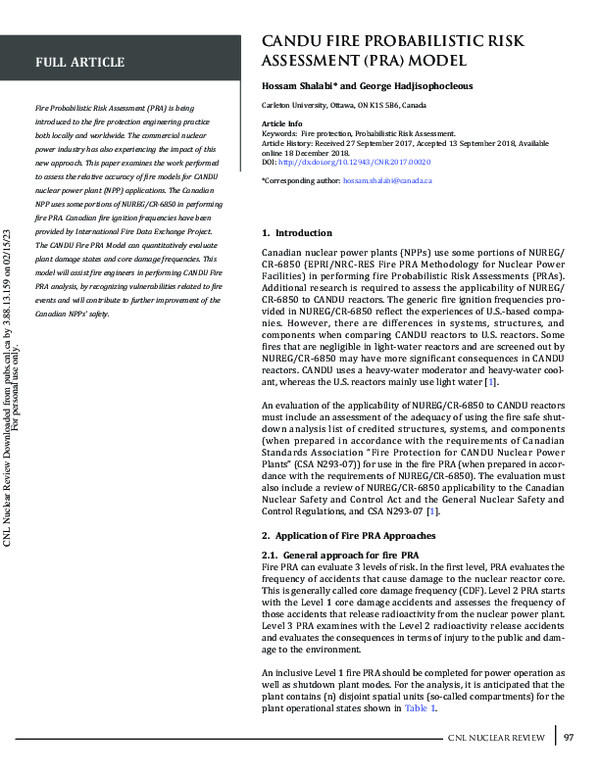 (PDF) Candu Fire Probabilistic Risk Assessment (Pra) Model