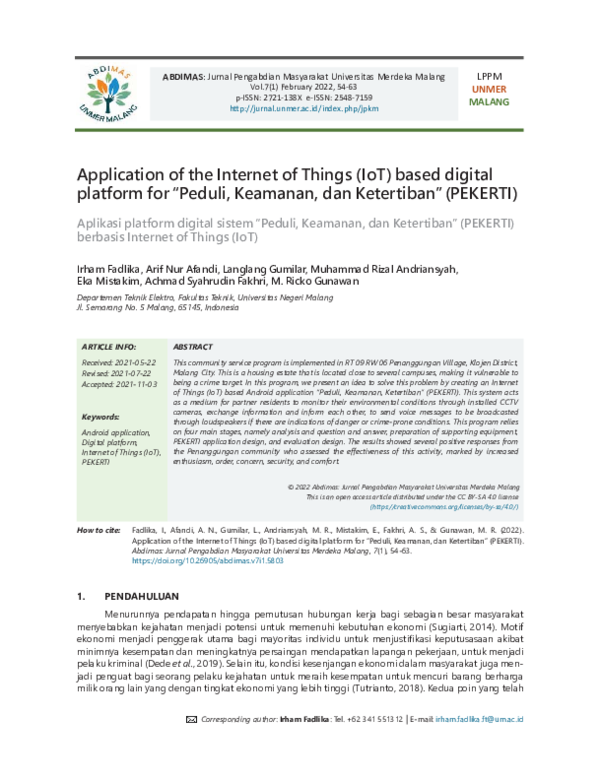 (PDF) Application of the Internet of Things (IoT) based digital platform for “Peduli, Keamanan ...