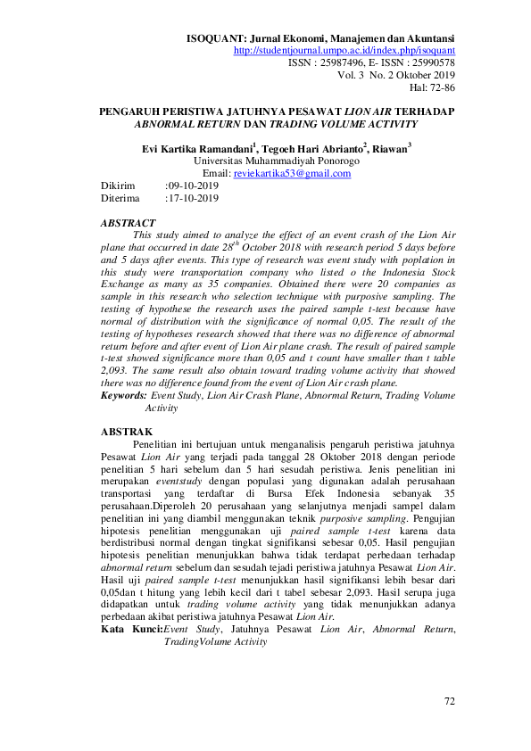 Pdf Pengaruh Peristiwa Jatuhnya Pesawat Lion Air Terhadap Abnormal Return Dan Trading Volume