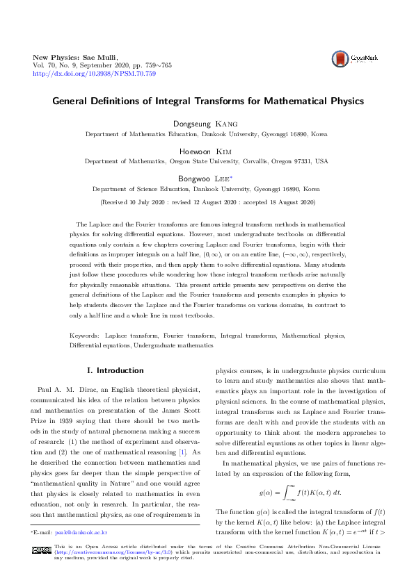 (PDF) General Definitions of Integral Transforms for Mathematical Physics