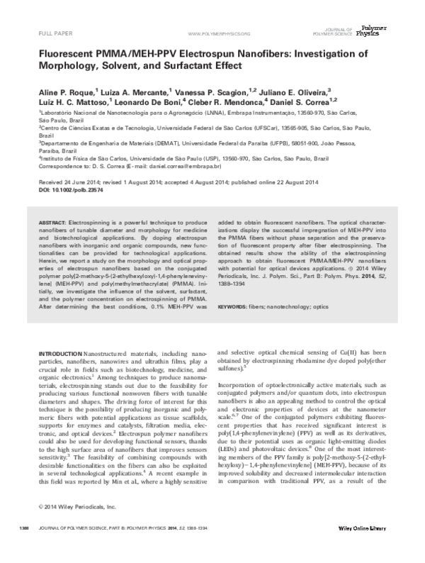 (PDF) Fluorescent PMMA/MEH-PPV electrospun nanofibers: Investigation of ...