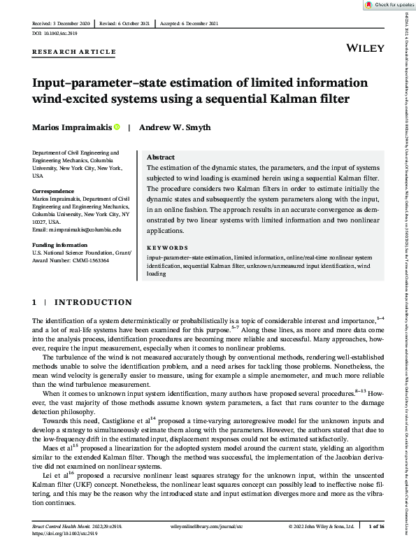 Pdf Input Parameter State Estimation Of Limited Information Wind Excited Systems Using A