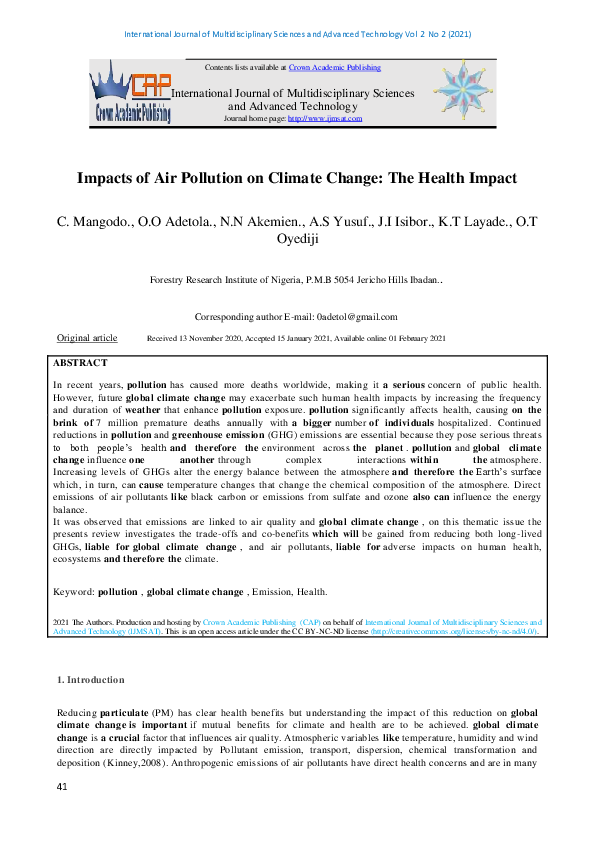 (PDF) Impacts of Air Pollution on Climate Change: The Health Impact
