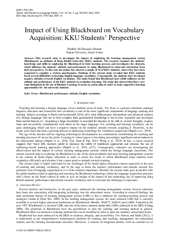 (PDF) Impact of Using Blackboard on Vocabulary Acquisition: KKU ...