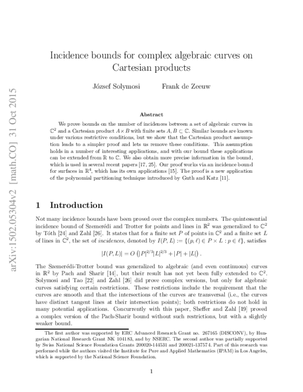 (PDF) Incidence bounds for complex algebraic curves on Cartesian ...