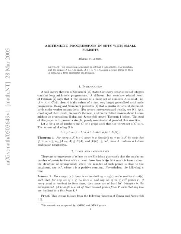(PDF) Arithmetic Progressions in Sets with Small Sumsets
