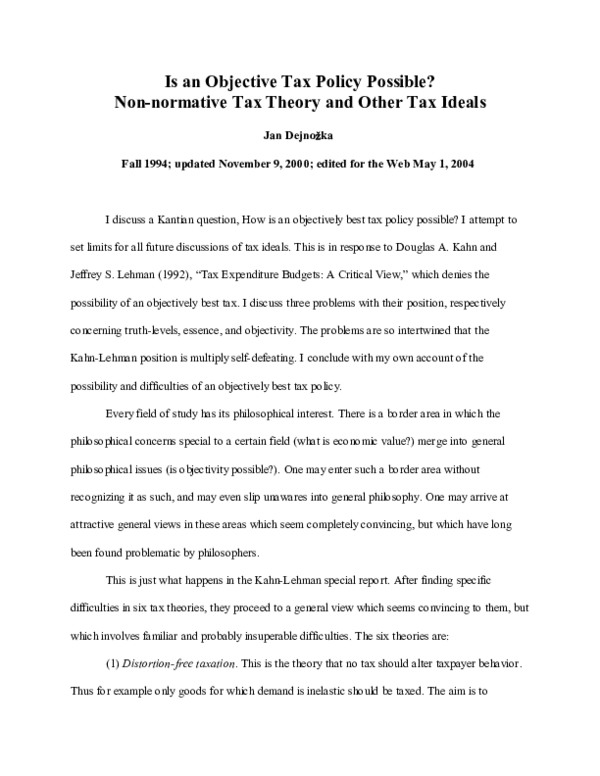 (PDF) Is an Objective Tax Policy Possible? Non-normative Tax Theory and ...