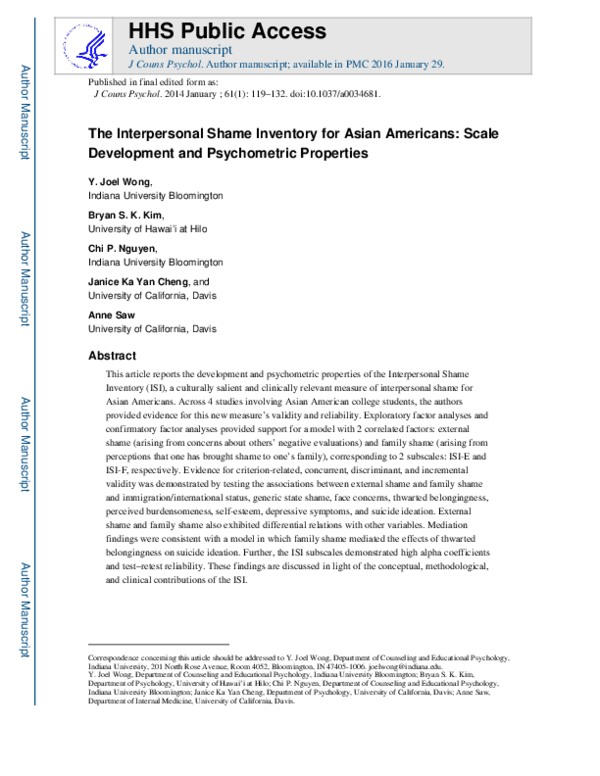 (PDF) The Interpersonal Shame Inventory for Asian Americans: Scale ...