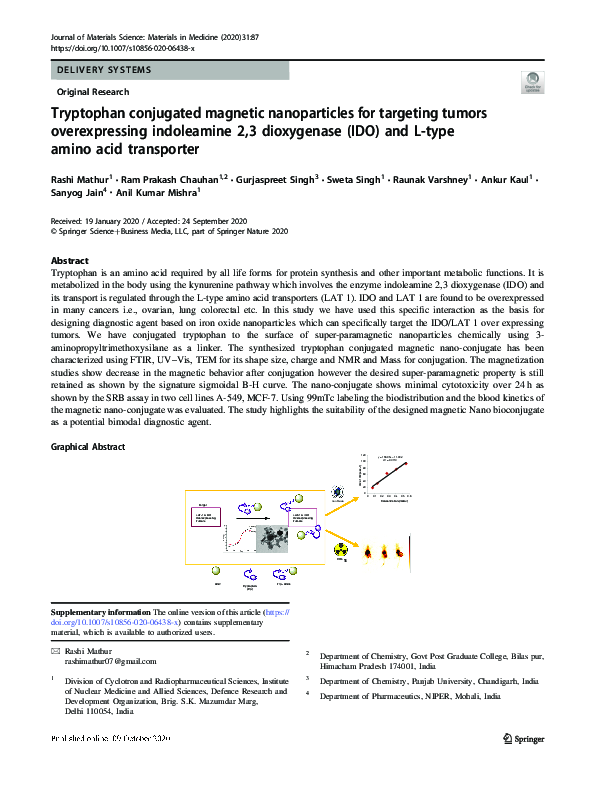 (PDF) Tryptophan conjugated magnetic nanoparticles for targeting tumors ...