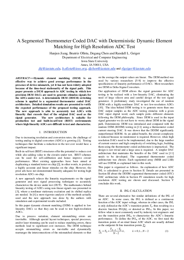 Pdf A Segmented Thermometer Coded Dac With Deterministic Dynamic Element Matching For High