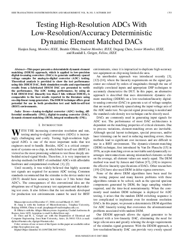 Pdf Testing High Resolution Adcs With Low Resolution Accuracy Deterministic Dynamic Element
