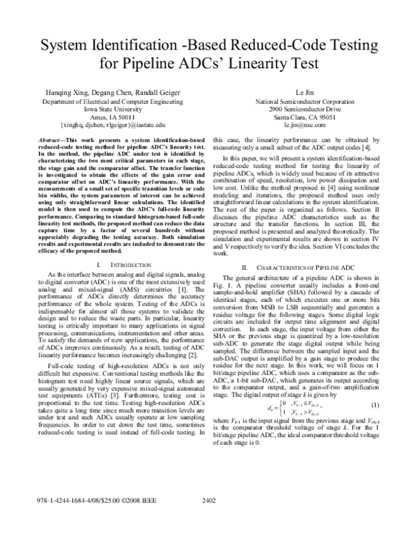 Pdf System Identification Based Reduced Code Testing For Pipeline Adcs Linearity Test